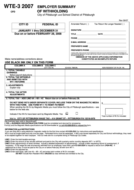 Form Wte-3 - Employer Summary Of Withholding - 2007 printable pdf download