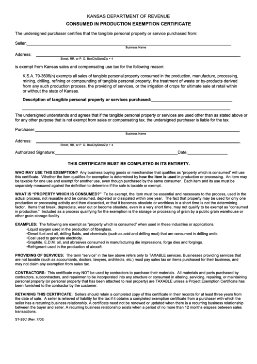 Fillable Form St-28c - Consumed In Production Exemption printable pdf ...