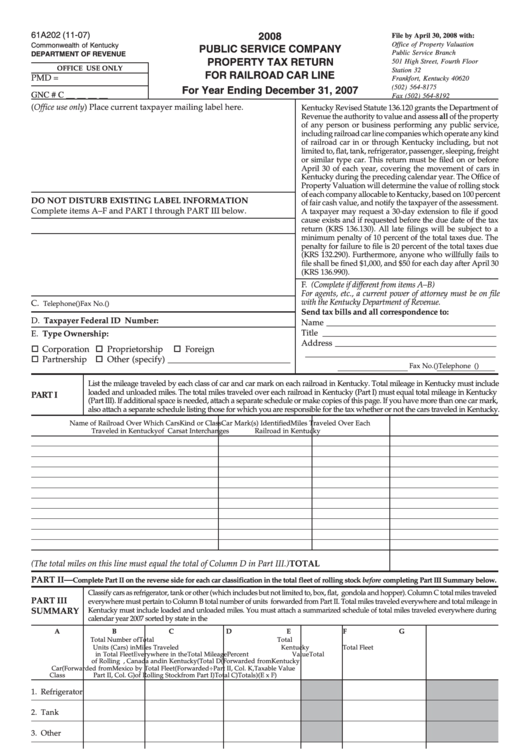 Form 61a202 - Public Service Company Property Tax Return For Railroad ...