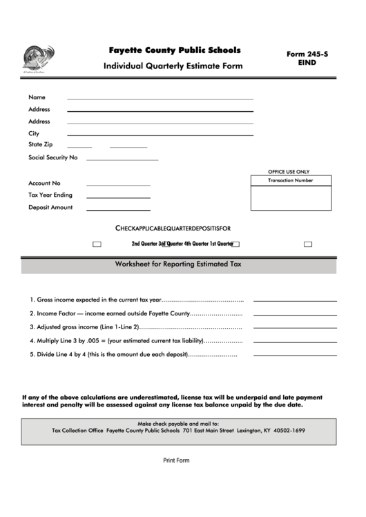Fillable Form 245-S - Individual Quarterly Estimate Form printable pdf ...
