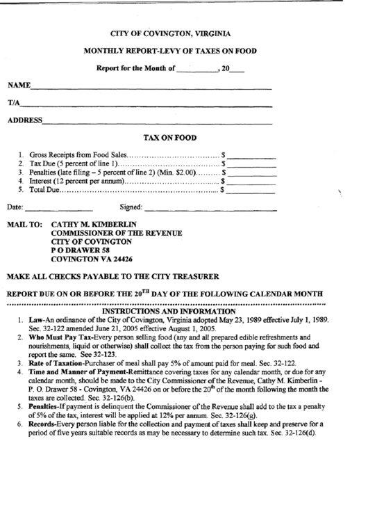 Monthly Report-Levy Of Taxes On Food Form - 1989 printable pdf download
