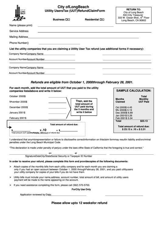 Utility Users Tax (Uut) Refund Claim Form printable pdf download