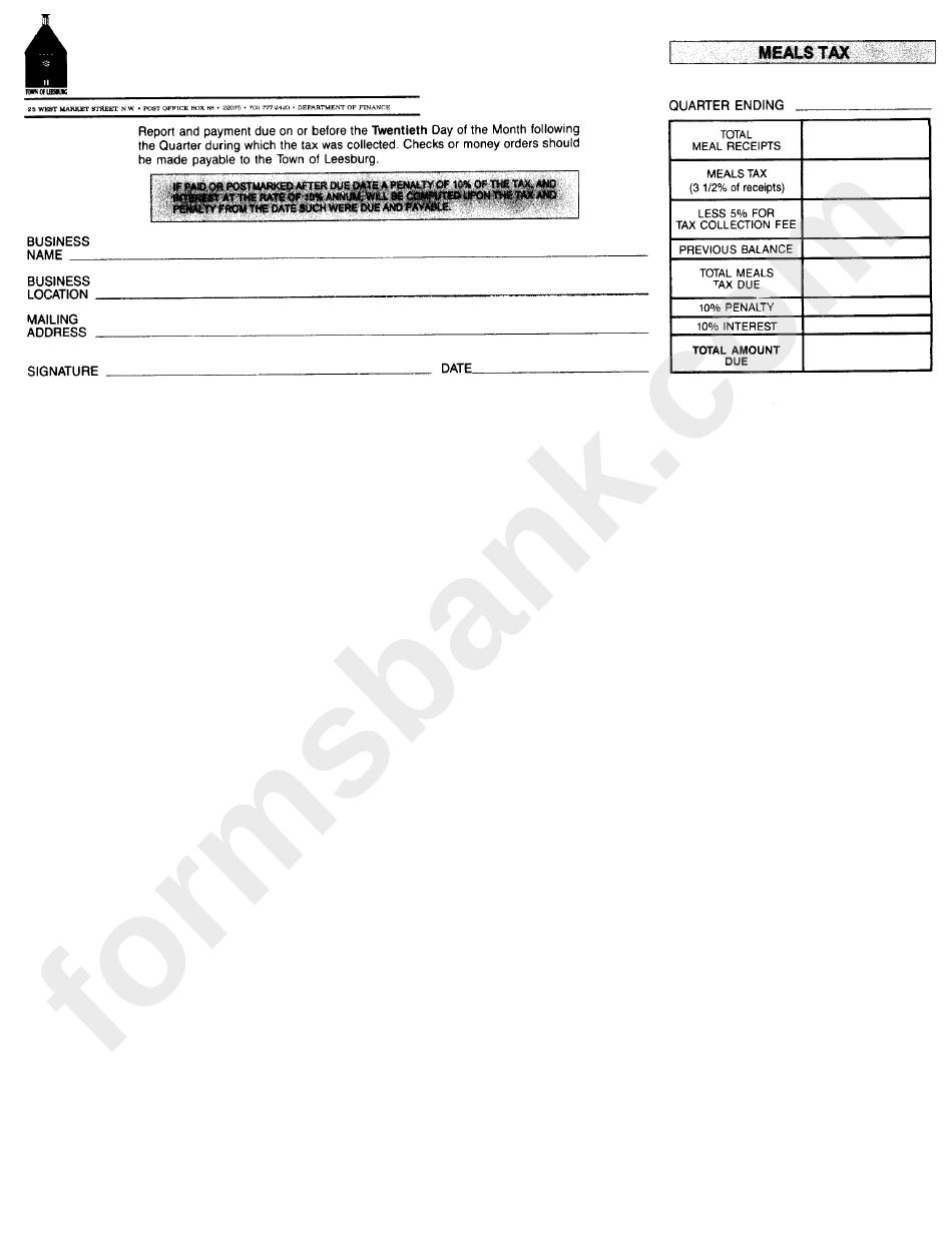 Meals Tax Form printable pdf download
