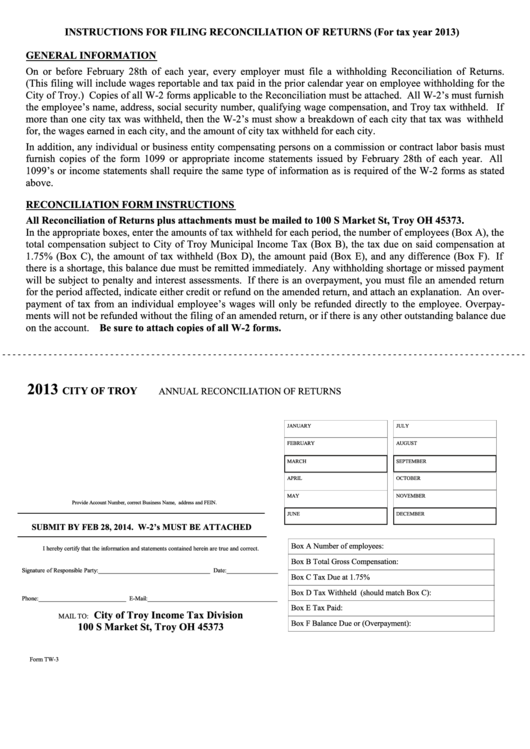 Form Tw-3 - Annual Reconciliation Of Returns - 2013 printable pdf download