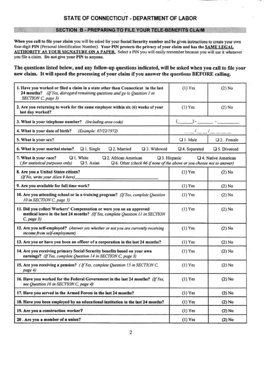 Tele-Benefits Claim Questions Form printable pdf download