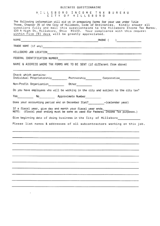 Business Questionnaire Form - State Of Ohio printable pdf download