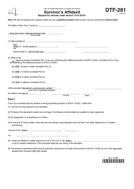 Form Dtf-281 - Survivor'S Affidavit printable pdf download
