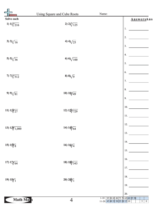 Using Square And Cube Roots Worksheet printable pdf download
