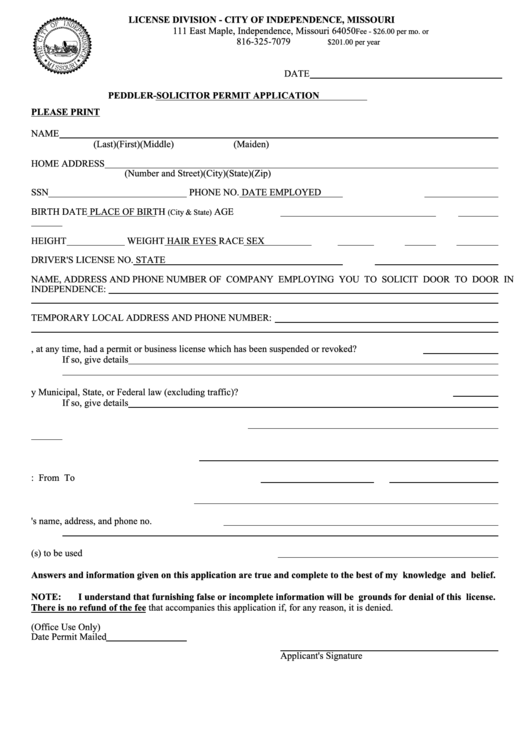 Peddler-Solicitor Permit Application Form - License Division - City Of ...