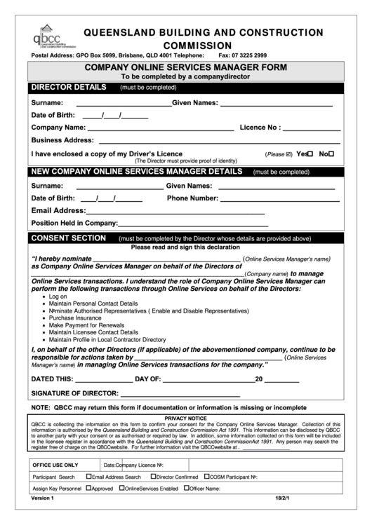 Company Online Services Manager Form printable pdf download