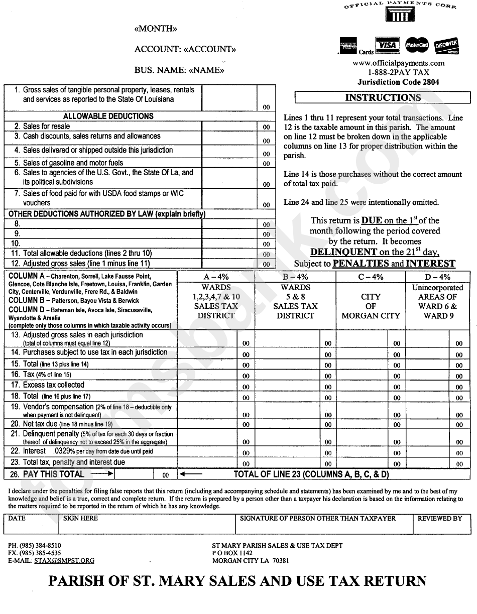 Sales And Use Tax Return Form - Parish Of St. Mary printable pdf download