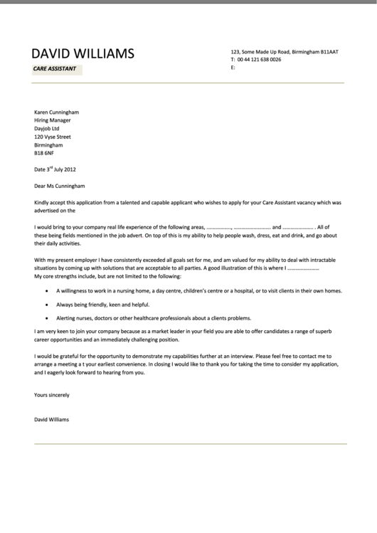Care Assistant Cover Letter Template Printable Pdf Download
