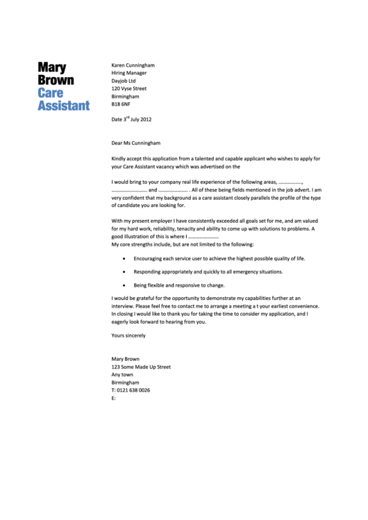 Care Assistant Cover Letter Template Printable Pdf Download