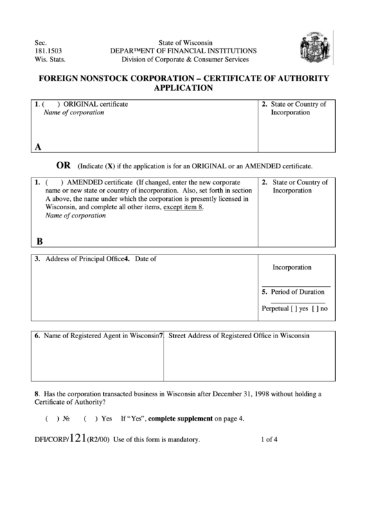 Form 121 - Foreign Nonstock Corporation - Certificate Of Authority ...