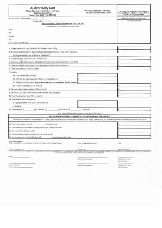 Marion City Income Tax Return - Individual Form printable pdf download