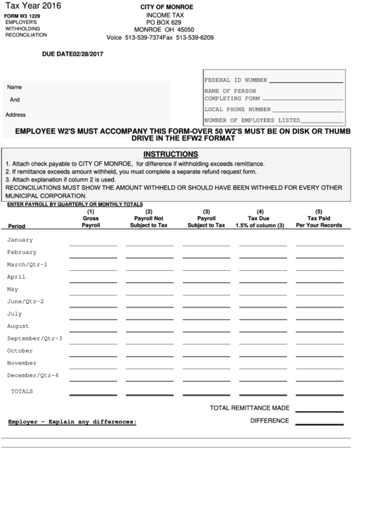 Form W3 1229 - Income Tax - City Of Monroe - 2016 printable pdf download