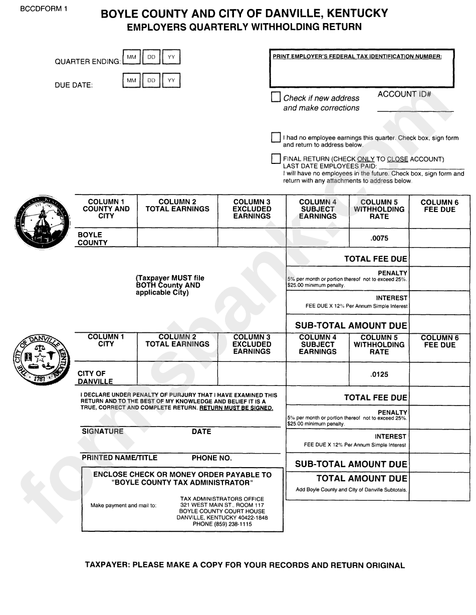 Employer'S Quarterly Withholding Return Form - Boyle County And City Of ...