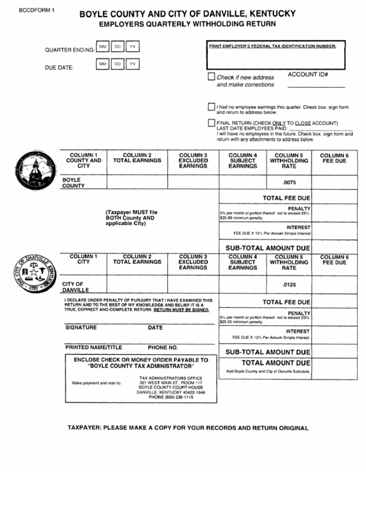 Employer'S Quarterly Withholding Return Form - Boyle County And City Of Danville printable pdf ...