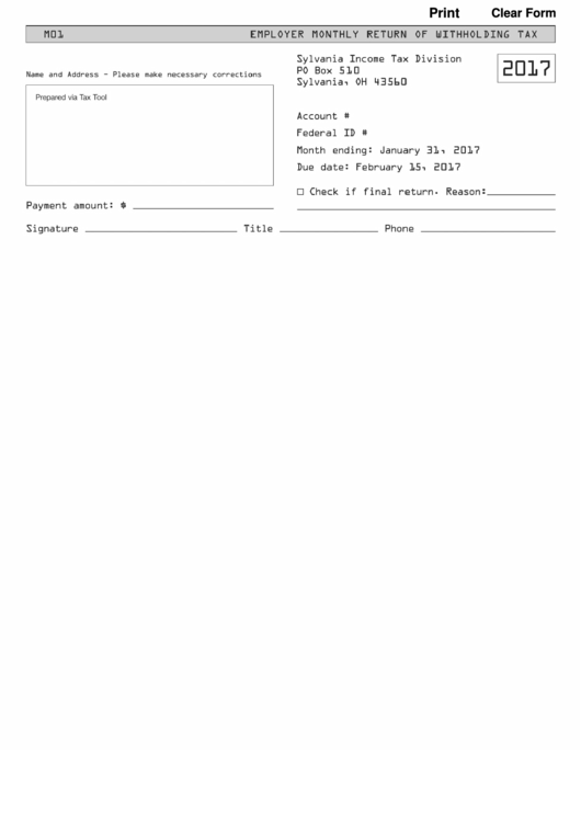 Fillable Employer Monthly Return If Withholding Tax Form printable pdf ...
