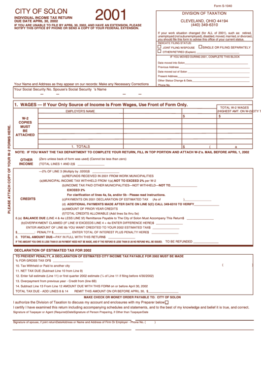 Form S-1040 - Individual Income Tax Return - 2001 printable pdf download