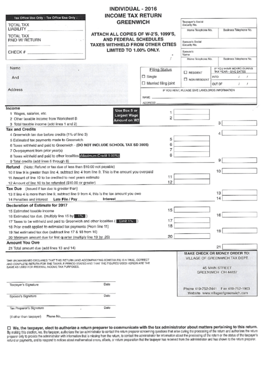 Individual Tax Return Greenwich Form - 2016 printable pdf download