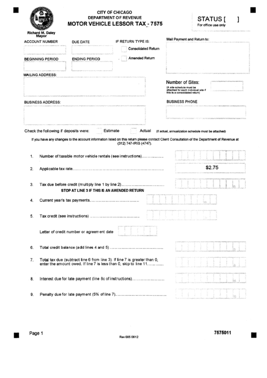 Motor Vehicle Lessor Tax Form - City Of Chicago printable pdf download