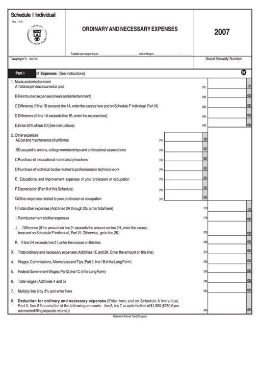 Schedule I Individual - Ordinary And Necessary Expenses - 2007 ...
