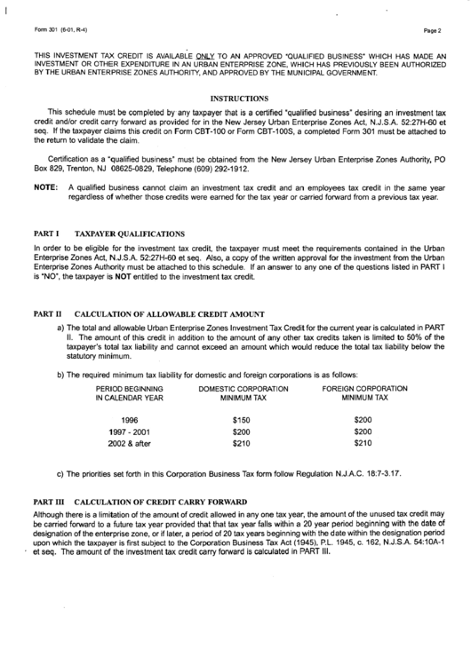 Form 301 Instructions - 2001 printable pdf download