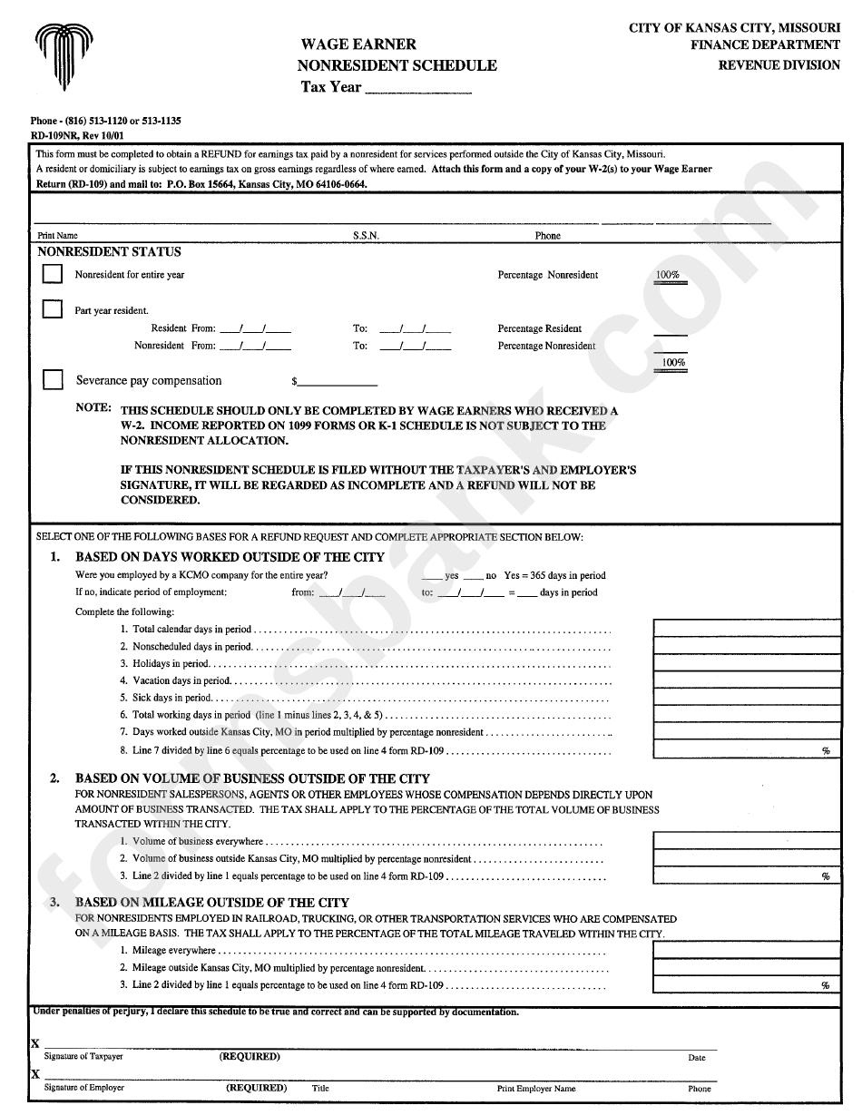 Form Rd-109nr - Wage Earner - Nonresident Schedule - City Of Kansas ...