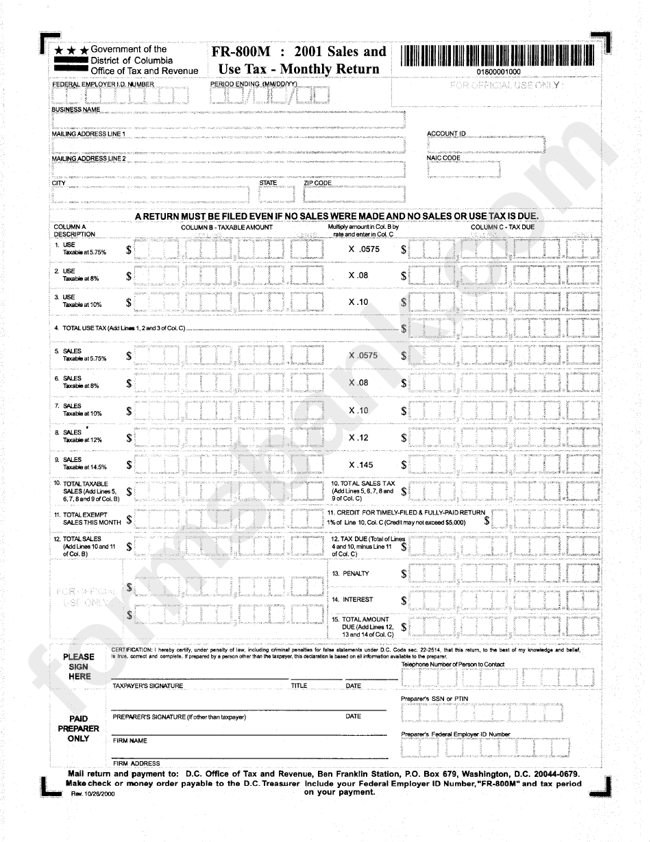 Form Fr-800m - 2001 Sales And Return Use Tax - Monthly Return printable ...