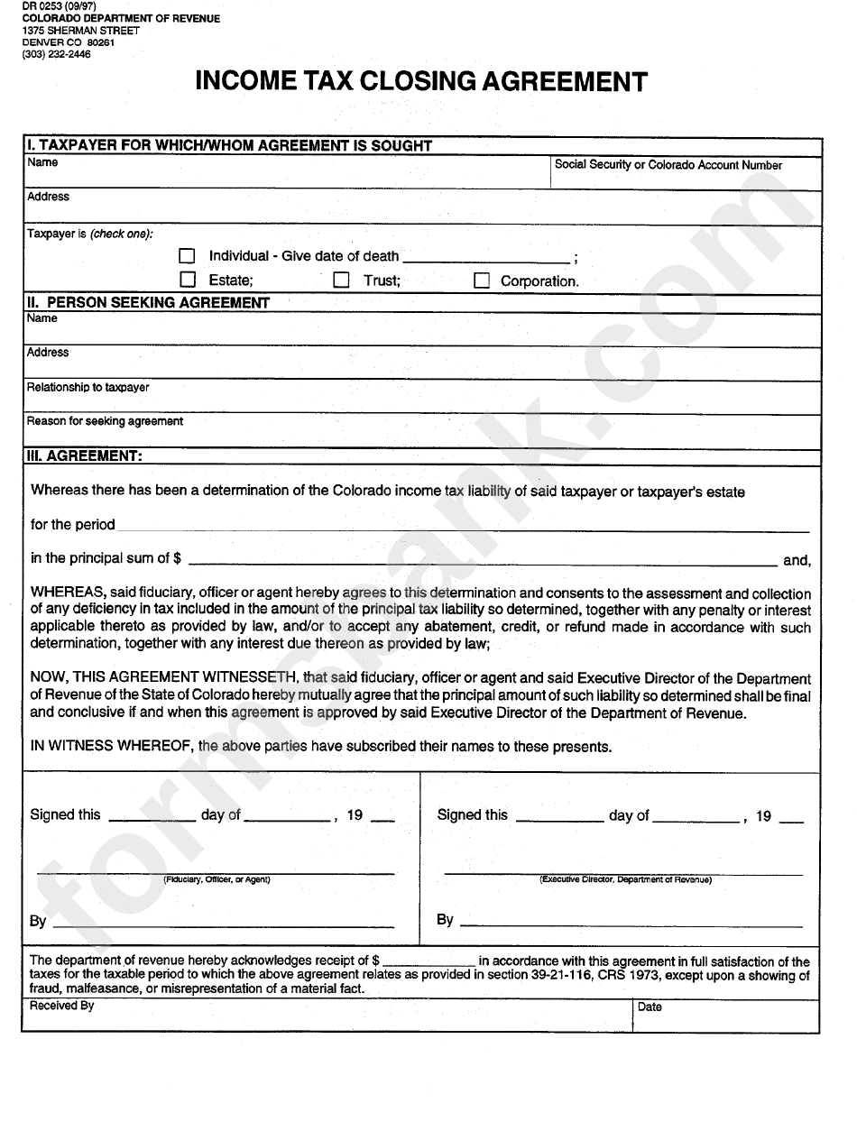 Form Dr 0253 - Income Tax Closing Agreement printable pdf download