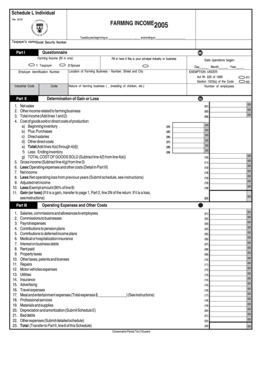 Schedule L Individual - Farming Income Form - 2005 printable pdf download
