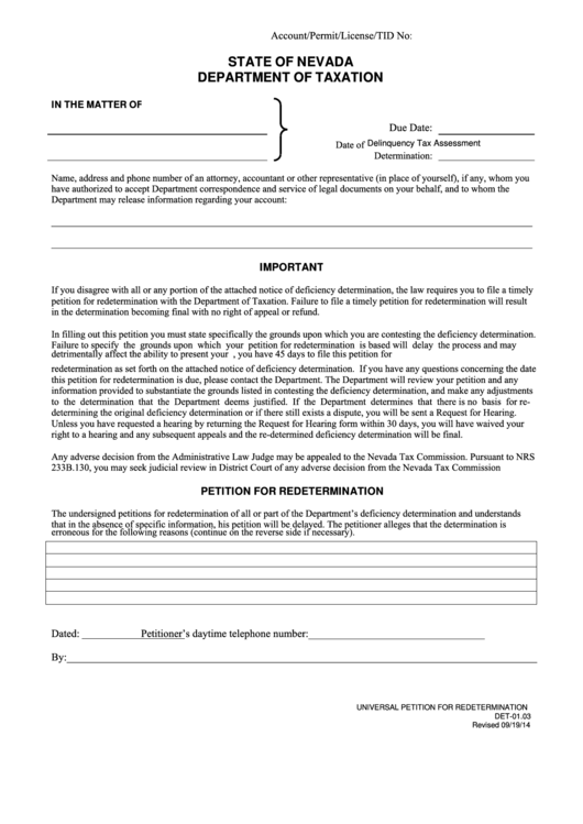 Fillable Form Det-01.03 - Universal Petition For Redetermination printable pdf download