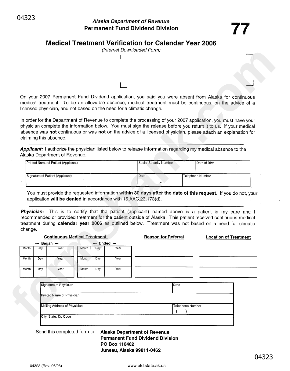 Medical Treatment Verification Form 2006 - Alaska Department Of Revenue ...