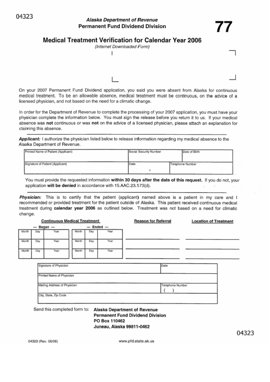 Medical Treatment Verification Form 2006 - Alaska Department Of Revenue ...