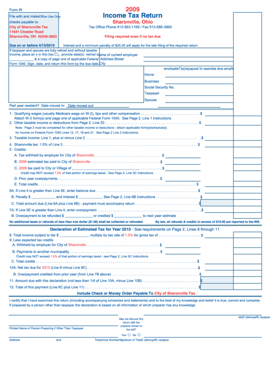 Form Ir - Income Tax Return - 2009 printable pdf download