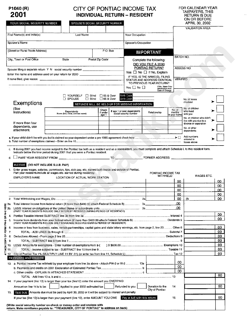 Individual Return Form - Resident - 2001 printable pdf download