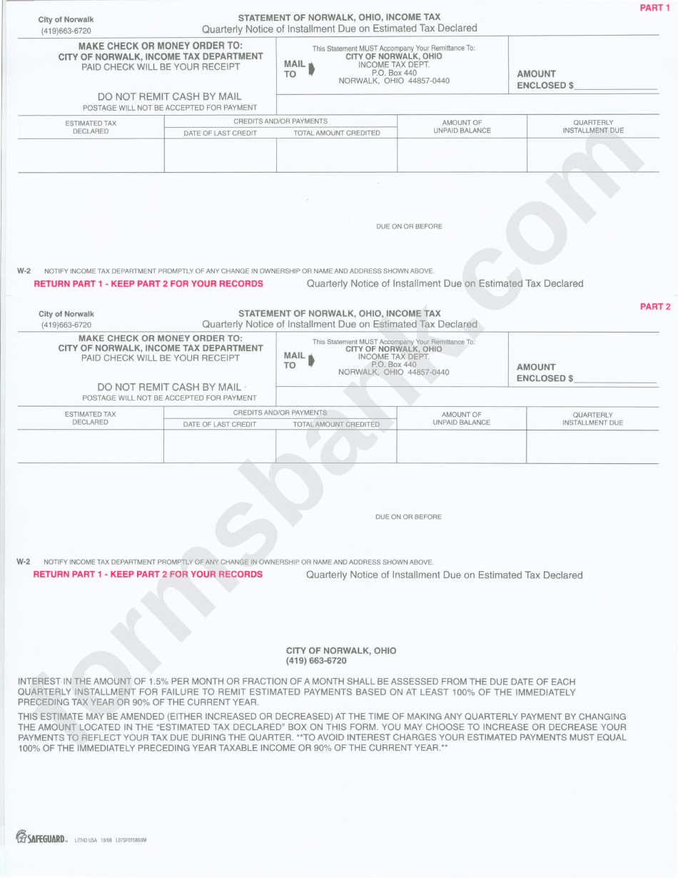 Form W-2 - Quarterly Notice Of Installment Due On Estimated Tax ...