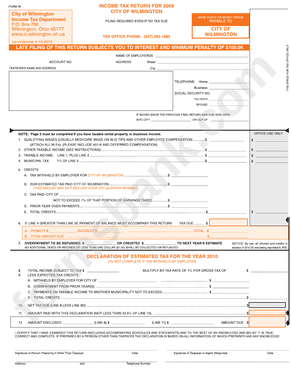Form Ir - Income Tax Return For 2009 printable pdf download