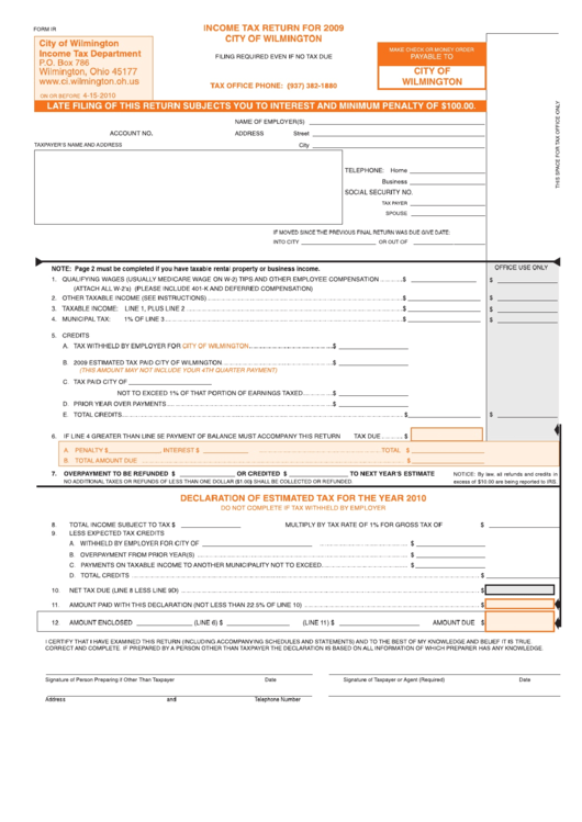 Form Ir - Income Tax Return For 2009 printable pdf download