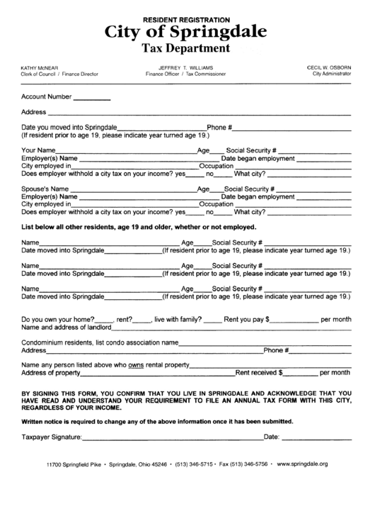 Resident Registration Form - Tax Department - Ohio printable pdf download