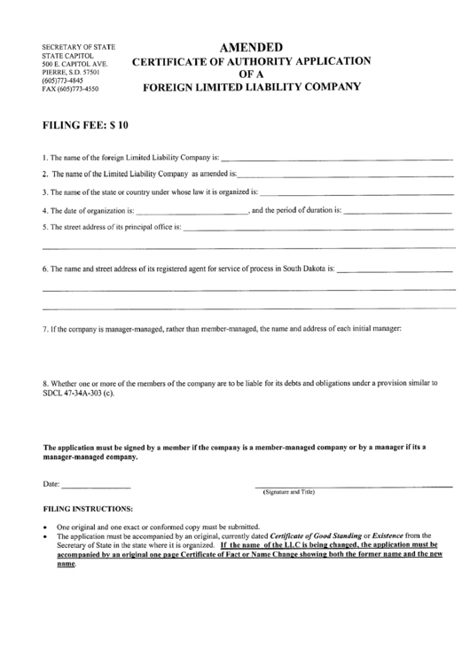Amended Certificate Of Authority Application Of A Foreign Llc Form ...