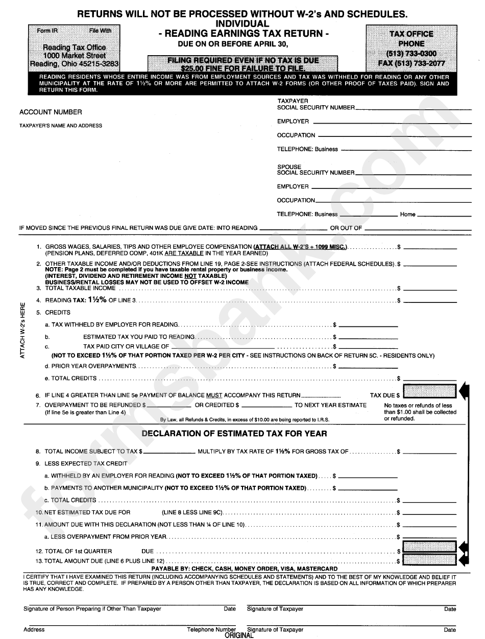 Reading Earnings Tax Return Form printable pdf download