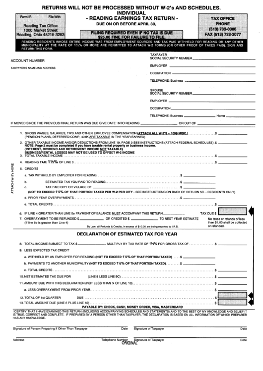 Reading Earnings Tax Return Form printable pdf download