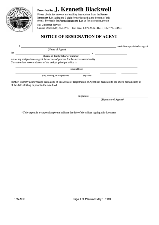 Form 155-Agr - Notice Of Resignation Of Agent printable pdf download