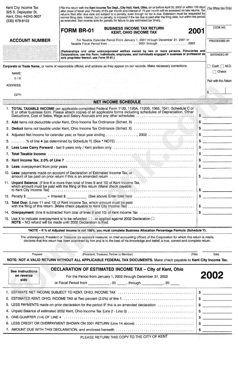 Form Br-01 - Business Income Tax Reurn Forn printable pdf download