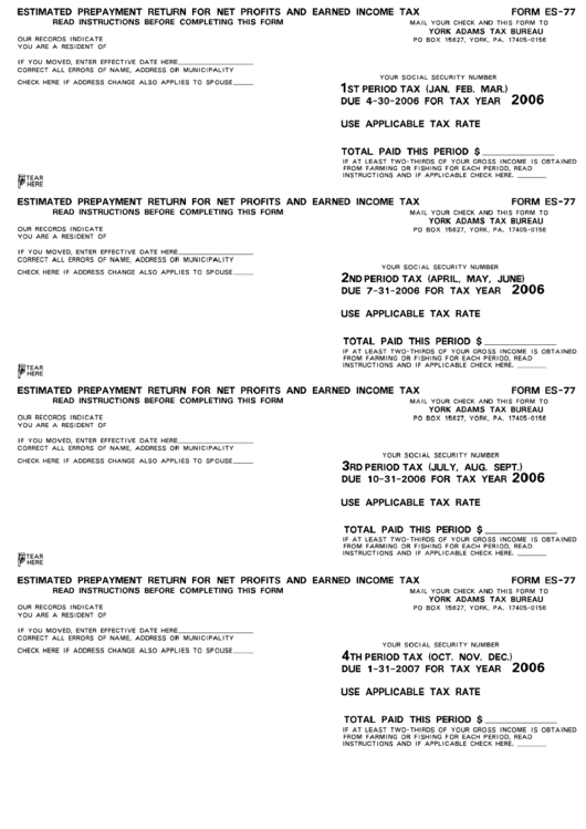 Form Es-77 - Estimated Prepayment Return For Net Profits And Earned ...
