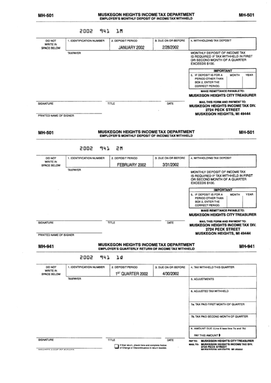 Form Mh-501 - Employer'S Monthly Deposit Of Income Tax Withheld Form ...