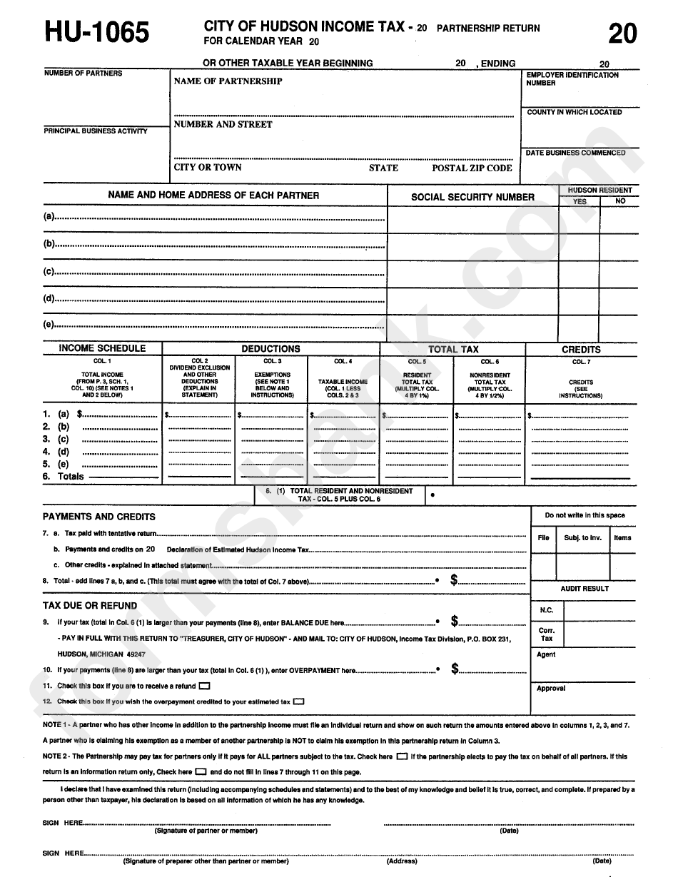 Form Hu-1065 - Partnership Return printable pdf download