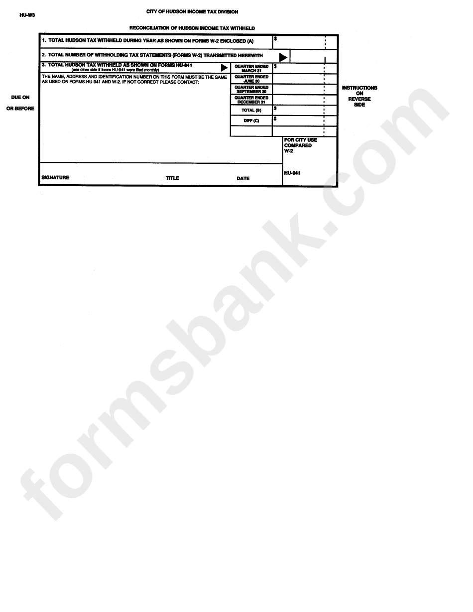 Form Hu-W3 - Reconciliation Of Income Tax Withheld printable pdf download